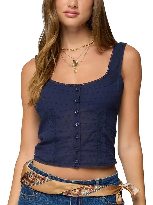 EDIKTED Embroidered Cotton Button-up Top - Navy
