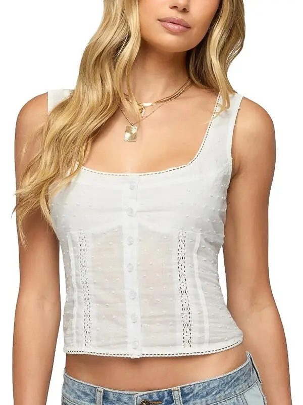 EDIKTED Embroidered Cotton Button-up Top - White