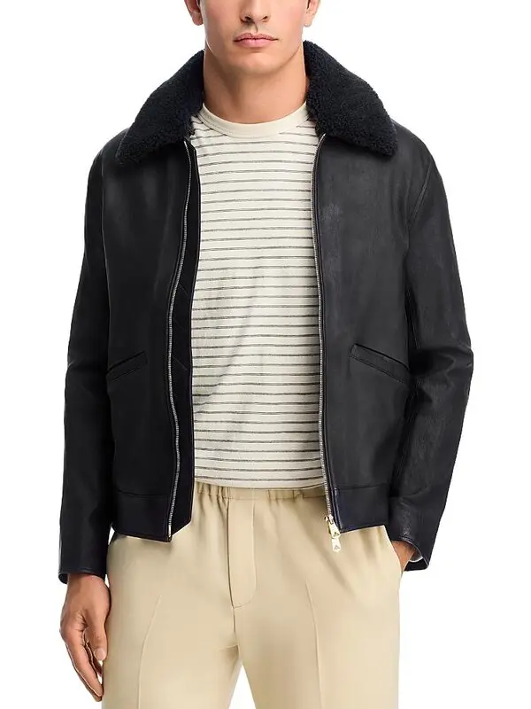 Paul Smith Shearling Collar Leather Jacket - Dark Navy
