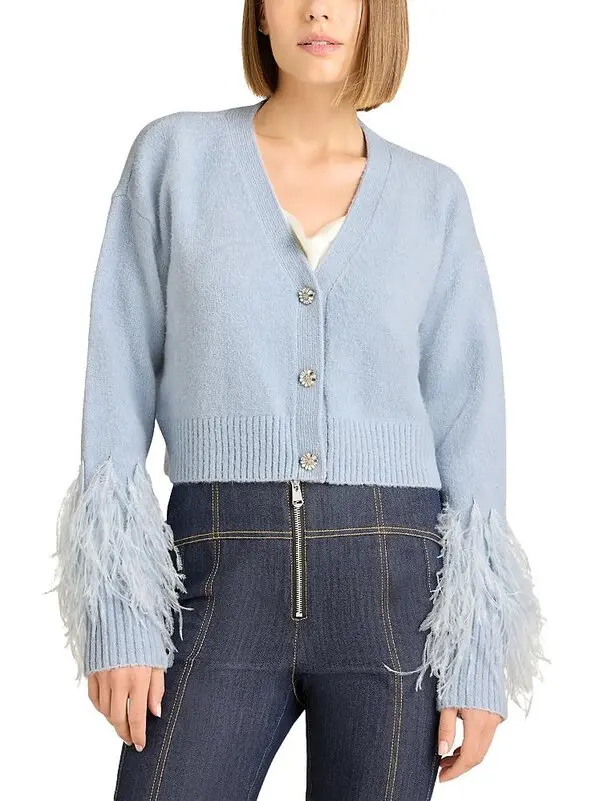Cinq À Sept Bria Feather Trim Cardigan - Misty Blue