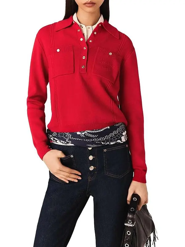 Maje Embroidered Polo Collar Sweater - Red