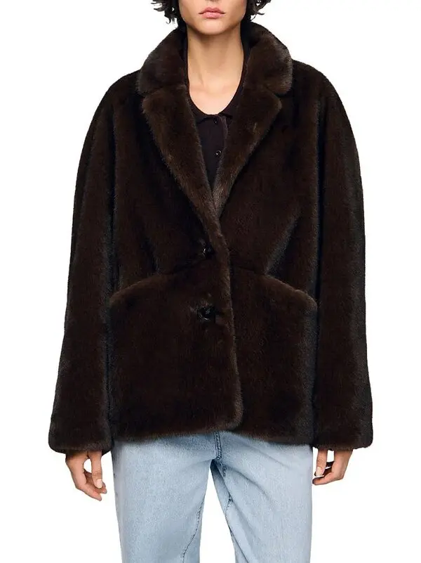 Sandro Alaska Faux Fur Jacket - Black Brow
