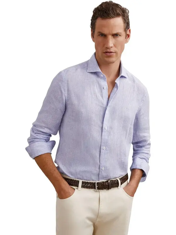 REISS Ruban Linen Striped Cutaway-collar Shirt Regular-fit - Bengal Blue White