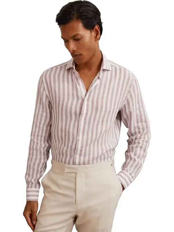 REISS Ruban Linen Striped Cutaway-collar Shirt Regular-fit - Dusty Rose/white Stripe