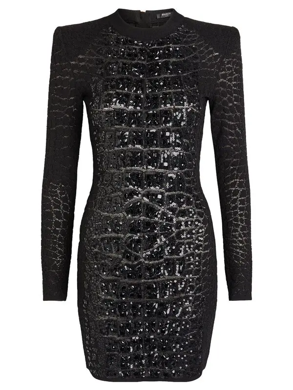 Balmain Sequin-embellished Crocodile-knit Mini Dress - Black