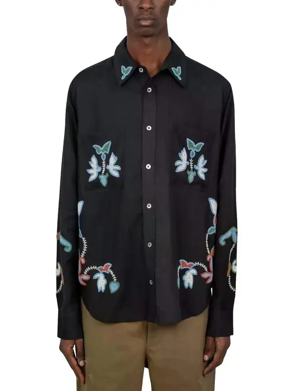 BAZISZT Beaded-embellished Floral-motif Shirt - Black