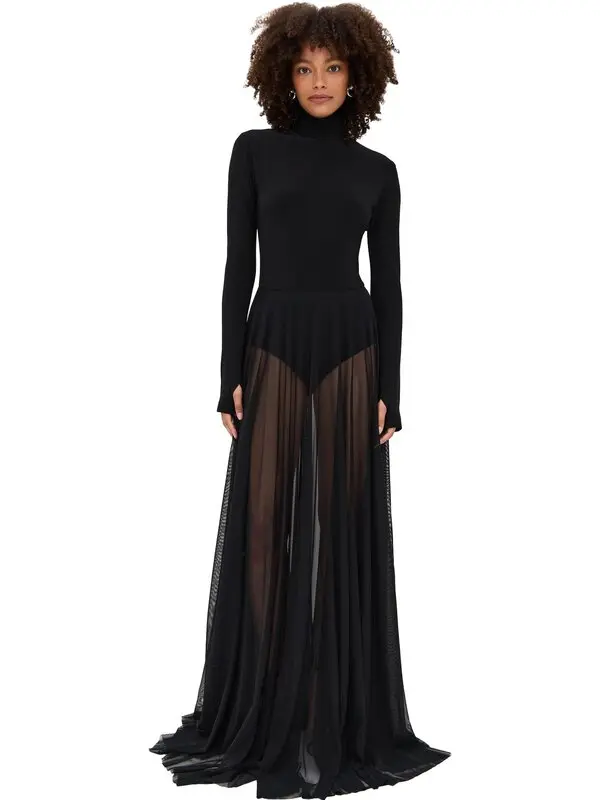 Norma Kamali Long Sleeve Turtleneck Flared Gown - Black