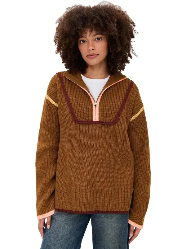 English Factory Contrast Piping Quarter Zip Sweater - Mocha Multi