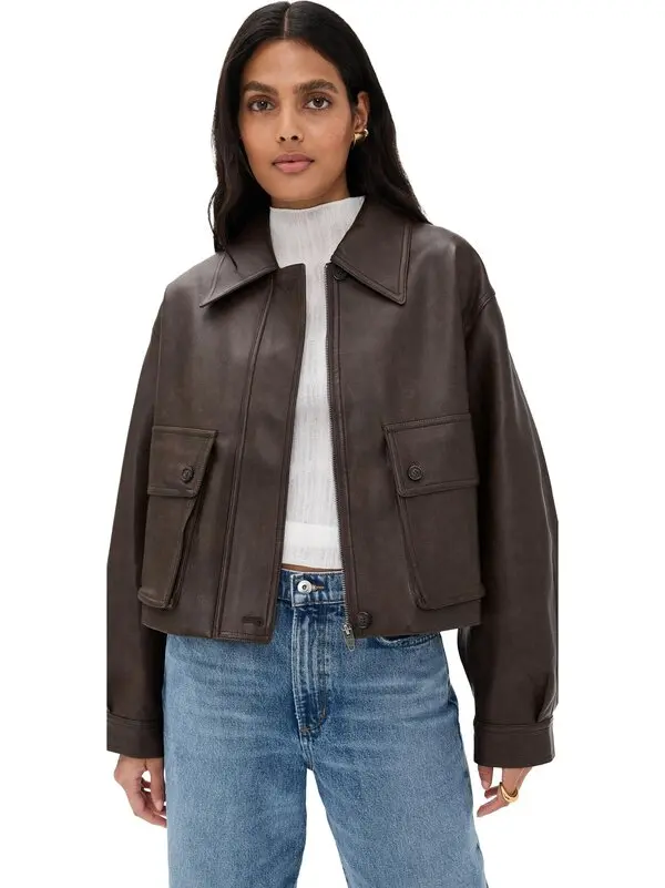 Pixie Market Patch Pocket Faux Leather Jacket - Brown