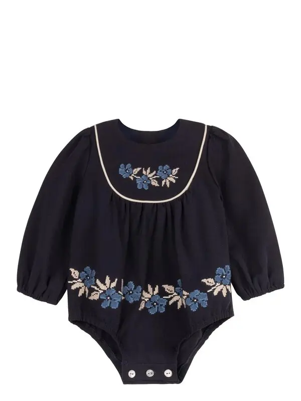 ELY'S & CO. Loom Stitch Embroidered Wool Romper - Navy