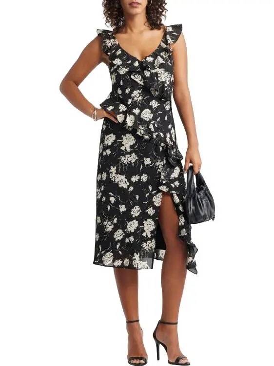 Chelsea28 Ruffle Trim Midi Dress - Black- Ivory Floral