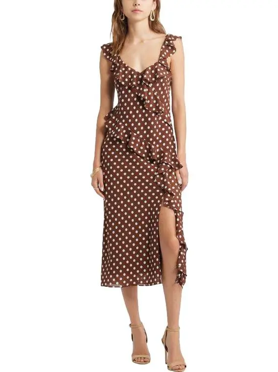 Chelsea28 Ruffle Trim Midi Dress - Brown Polka Dot