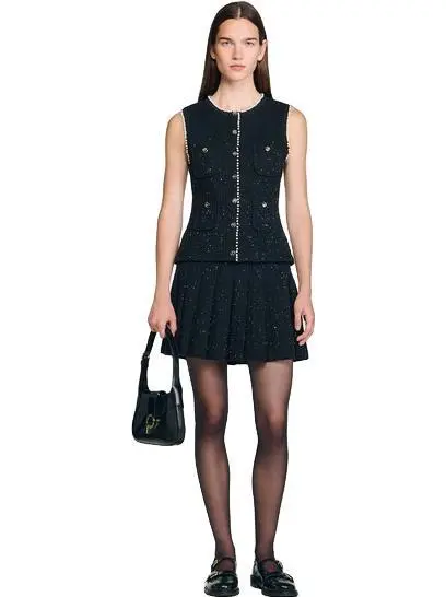 Sandro Embellished Tweed Vest Top - Black