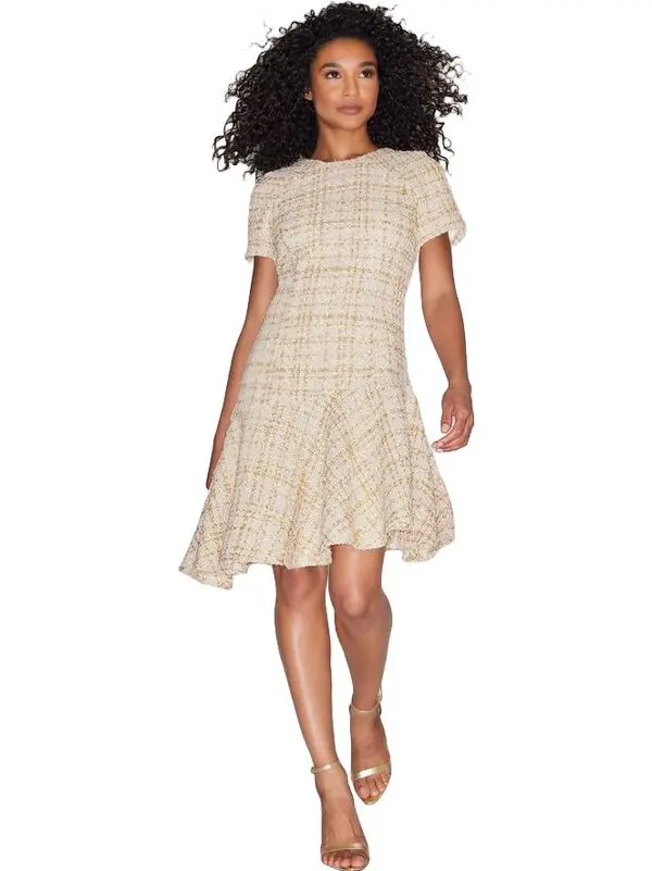 Natori Sparkle Tweed Short Sleeve Flounce Dress - White