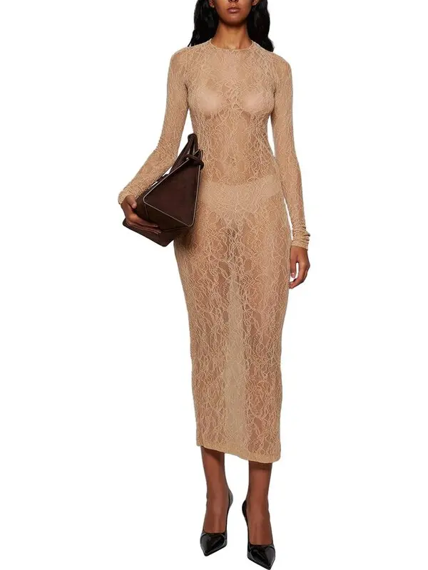 Wardrobe.NYC Lace Long Sleeve Maxi Dress - Khaki