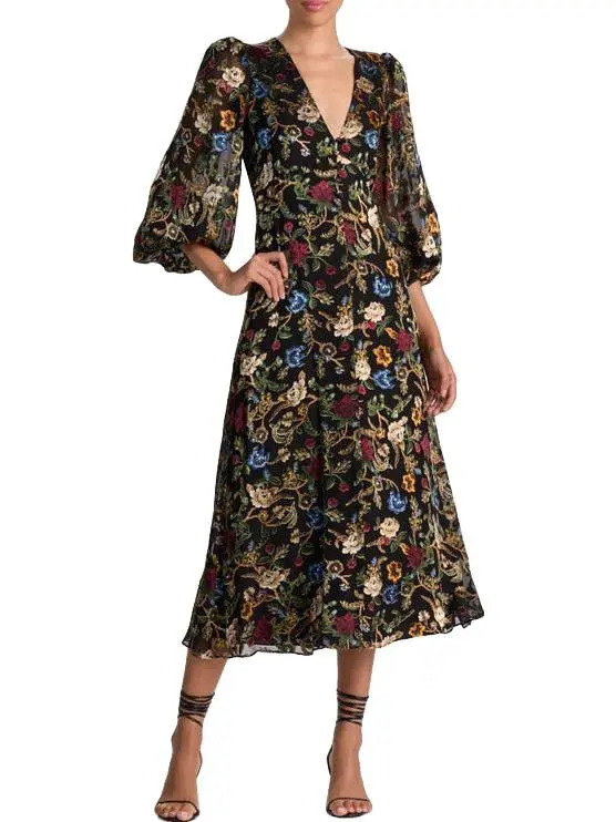 Alice + Olivia Mona Floral Burnout Long Sleeve Midi Dress - Tapestry Trails Sm Black