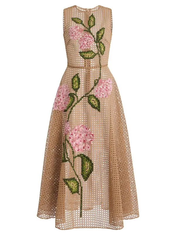 Oscar De La Renta Floral Rattan Guipure Midi Dress - Khaki