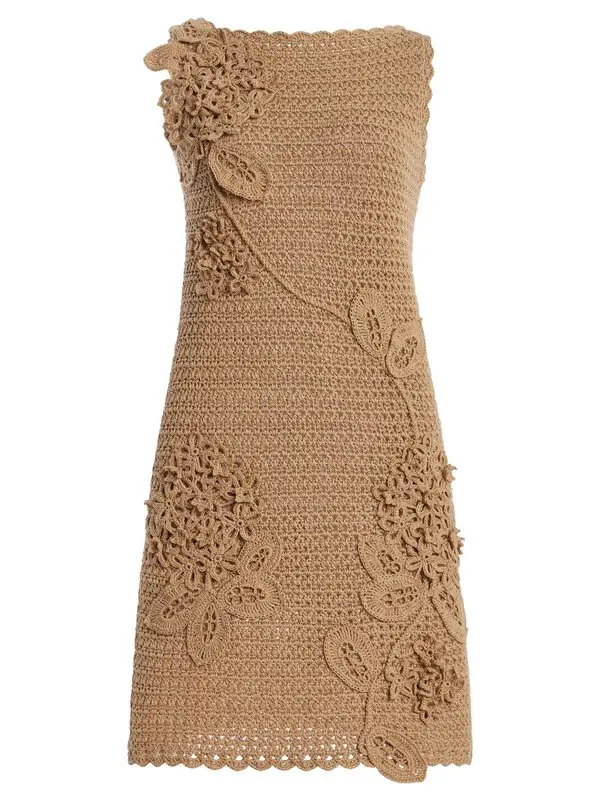 Oscar De La Renta Floral Crocheted Cotton Mini Dress - Tan