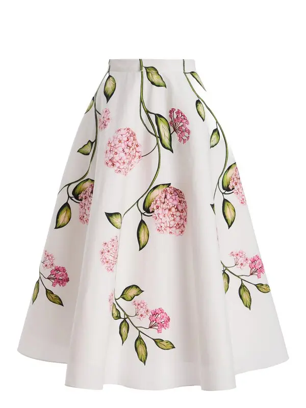 Oscar De La Renta Porcelain Flowers Poplin Midi Skirt - White