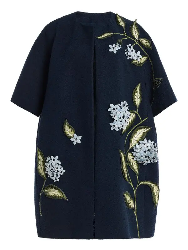Oscar De La Renta Embroidered Tweed Coat - Navy