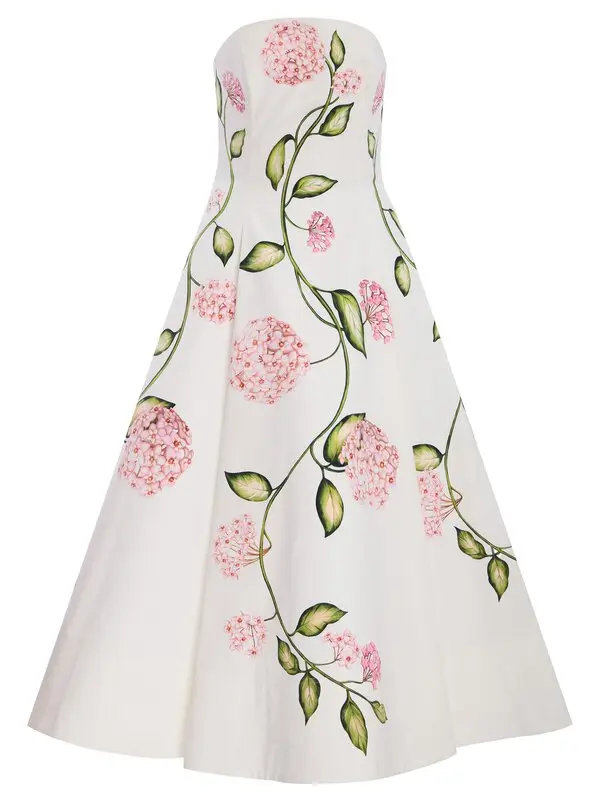 Oscar De La Renta Porcelain Flowers Strapless Midi Dress - White
