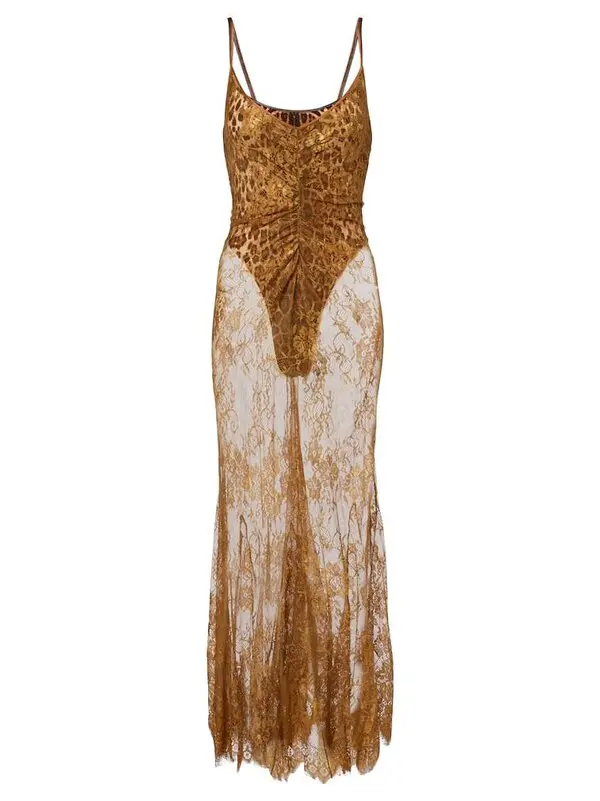 JACQUES WEI Silk-trimmed Lace Maxi Dress - Brown