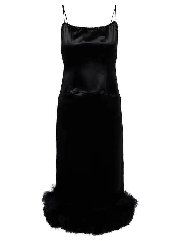 JACQUES WEI Shearling-trimmed Satin Slip Dress - Black
