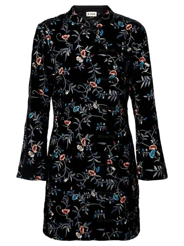 Rixo Delphina Embroidered Velvet Minidress - Black