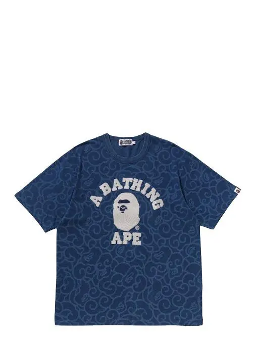 A BATHING APE Indigo Dyed Cloud Camo College Relaxed Fit Tee Shirt - Navy Blue