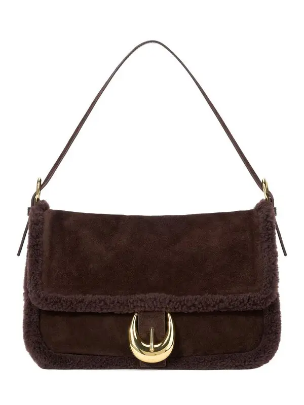 Staud Medium Harlow Suede Shoulder Bag With Faux Shearling Trim - Espresso
