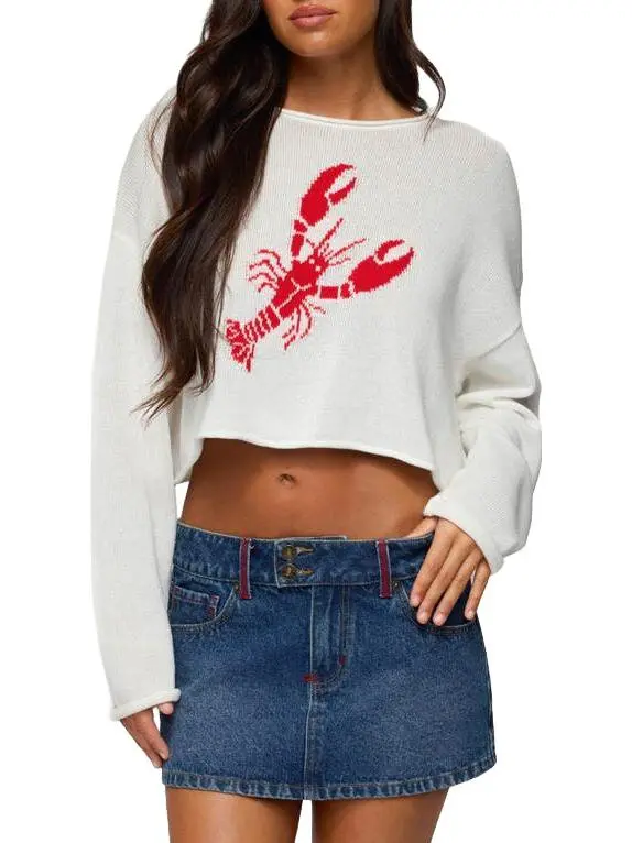 EDIKTED Lobster Graphic Crop Sweater - White