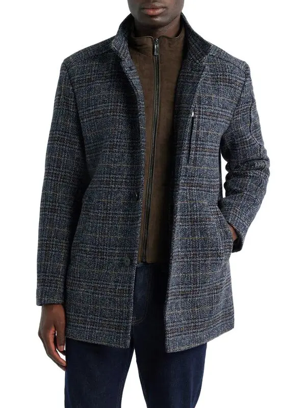 Johnston & Murphy Upton Plaid Wool-blend Car Coat - Navy/brown Plaid