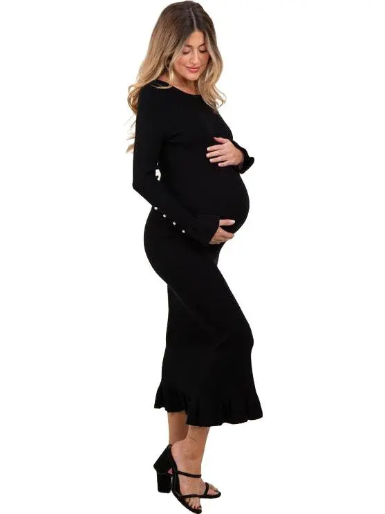 PINKBLUSH Ribbed Knit Bow Back Maternity Maxi Dress - Black