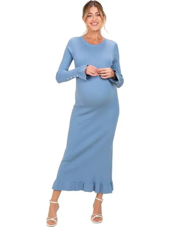 PINKBLUSH Ribbed Knit Bow Back Maxi Dress - Blue