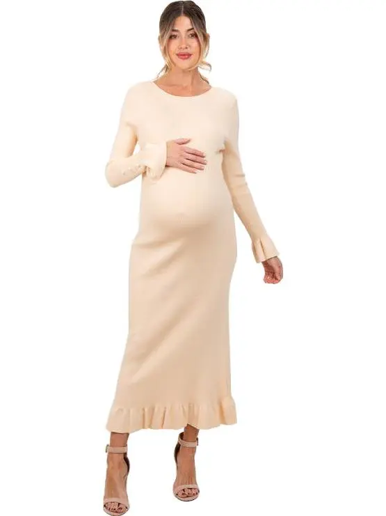 PINKBLUSH Ribbed Knit Bow Back Maternity Maxi Dress - Ivory