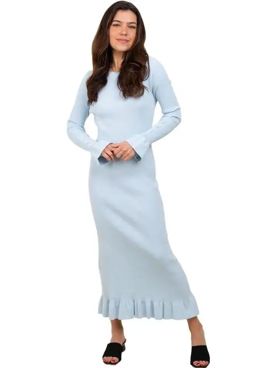 PINKBLUSH Ribbed Knit Maxi Dress With Bow Back And Button Detailed Cuffs - Light Blue