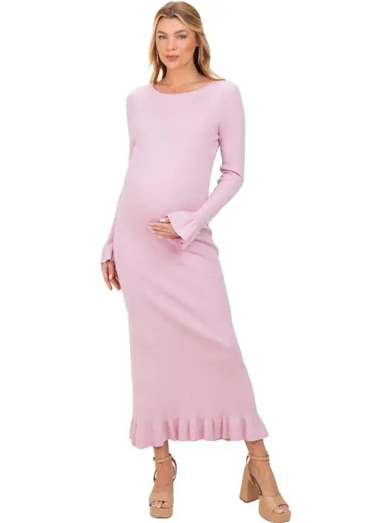 PINKBLUSH Ribbed Knit Bow Back Maternity Maxi Dress - Light Pink