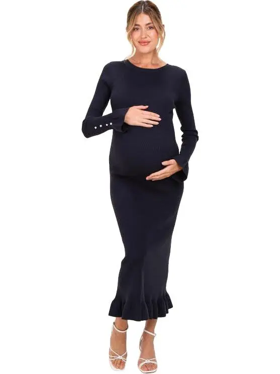 PINKBLUSH Ribbed Knit Bow Back Maxi Dress - Navy Blue