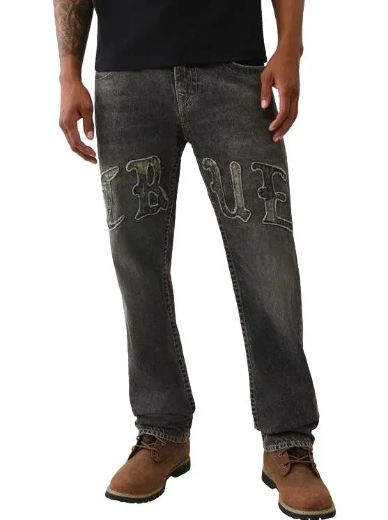 True Religion Ricky Logo Appliqué Straight Jeans - Compass Trail Black Wash