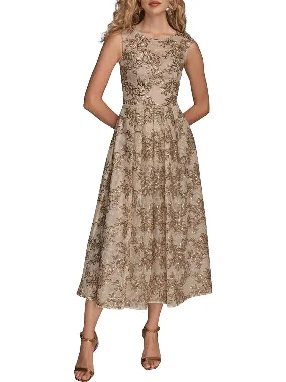 Donna Karan New York Floral Sequin Sleeveless Gown - Sand