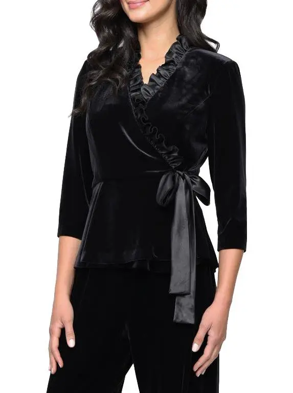 Alex Evenings Satin Frill Velvet Wrap Top - Black