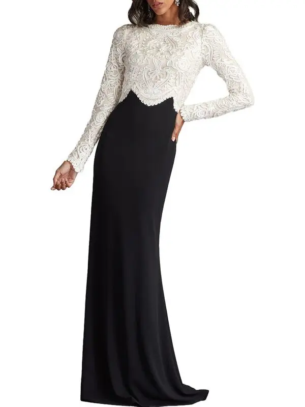 Tadashi Shoji Scroll Lace Long Sleeve Crepe Gown - Ivory/black