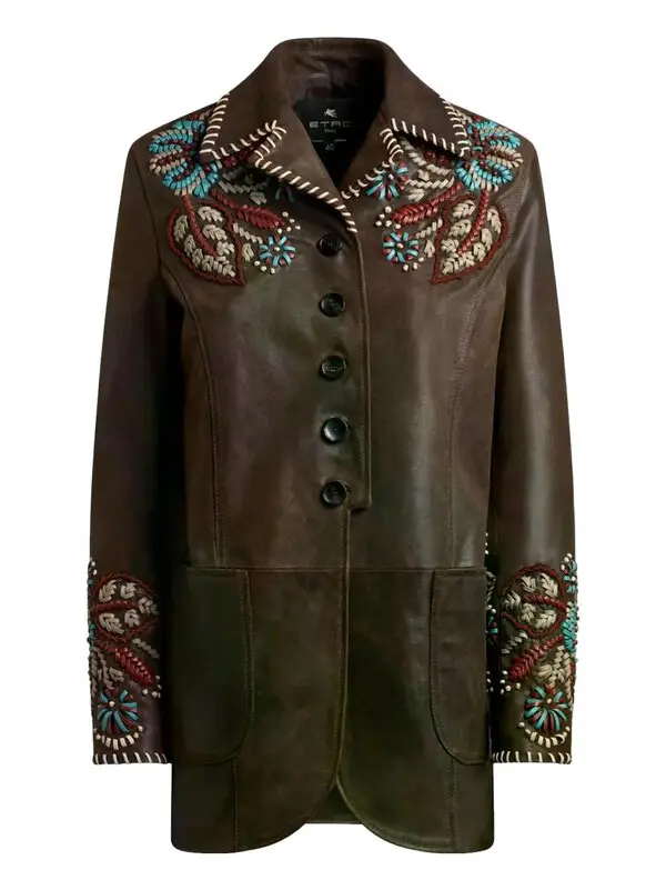 Etro Paisley-embroidered Leather Jacket - Brown