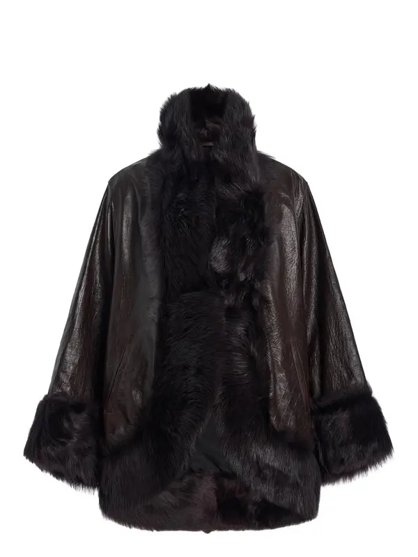 Nour Hammour Shearling-trimmed Croc-effect Leather Coat - Brown