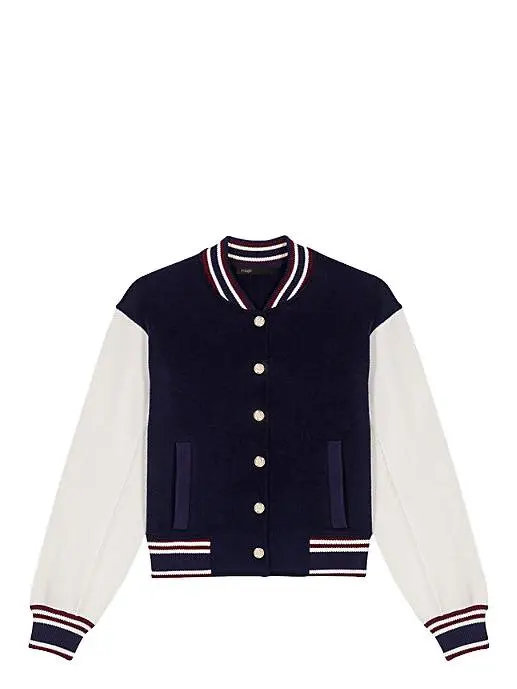 Maje Ribbed-collar Two-tone Wool Bomber Jacket - Navy