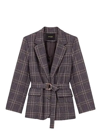 Maje Belted Check Blazer - Grey