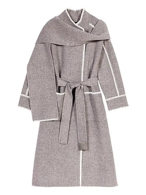 Maje Integrated-scarf Double-faced Wool-blend Coat - Grey/white