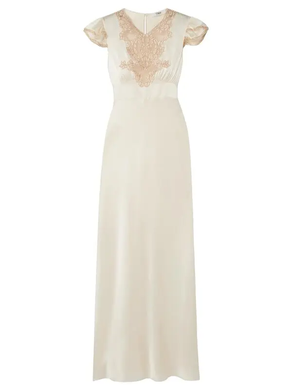 Chloé Corded Lace-trimmed Silk-satin Midi Dress - Neutrals