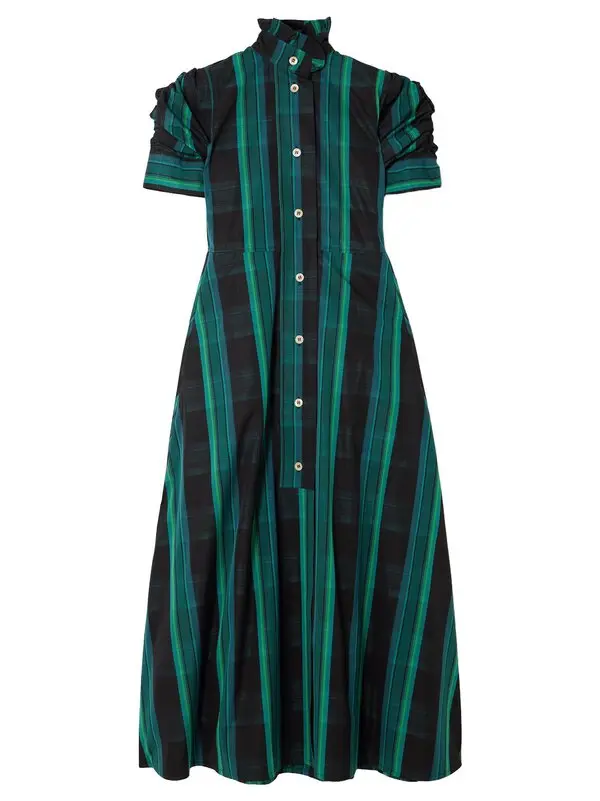 Thierry Colson Venetia Ruffled Gathered Checked Midi Dress - Green