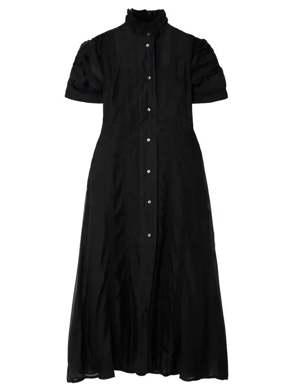 Thierry Colson Venetia Ruffled Gathered Embroidered Cotton And Silk-blend Midi Dress - Black